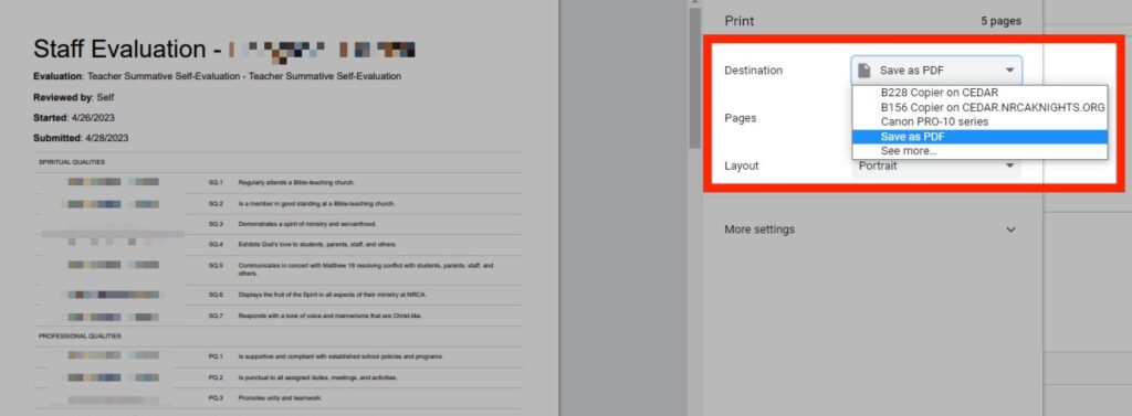 How do I save my Staff Evaluation as a pdf from Chrome on my desktop ...