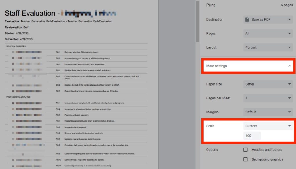 How do I save my Staff Evaluation as a pdf from Chrome on my desktop ...