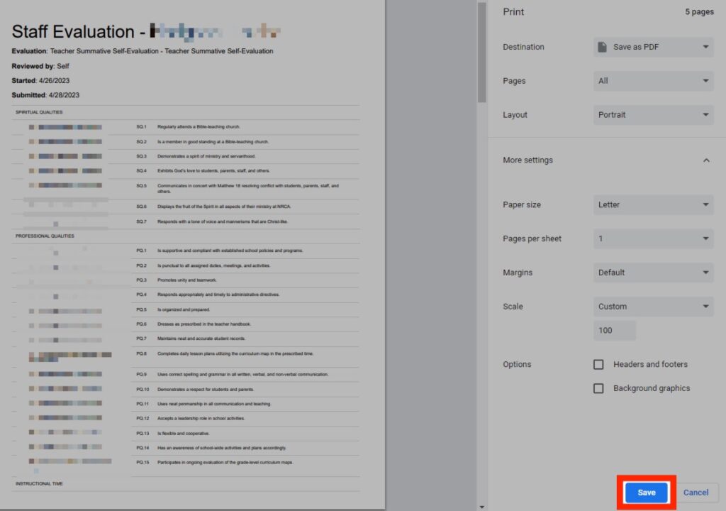 How do I save my Staff Evaluation as a pdf from Chrome on my desktop ...